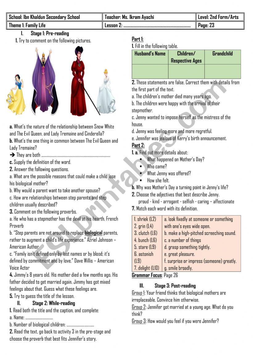 2nd Form - Lesson n° 2 - The Stepmum - ESL worksheet by English Teacher 24
