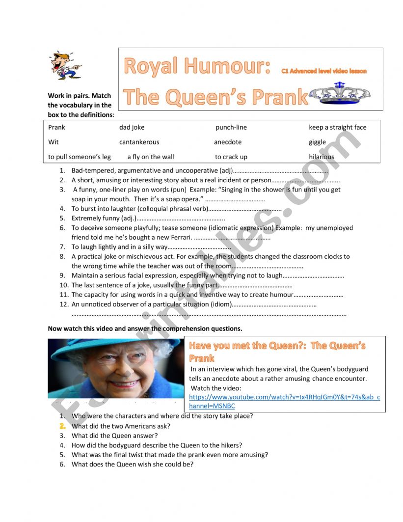 Royal Humour: The Queenï¿½s Prank - ESL worksheet by Pink Pony