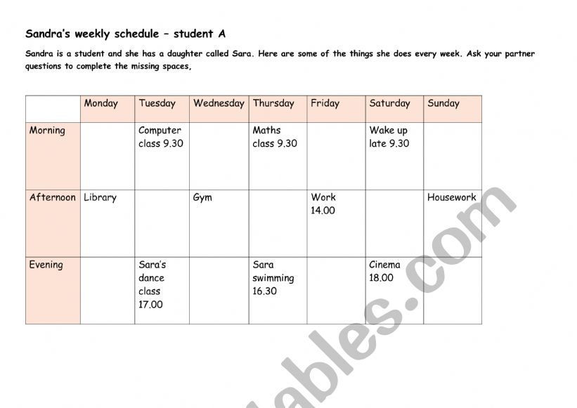SandraÃ¯Â¿Â½s week - information gap - ESL worksheet by ElaineJL