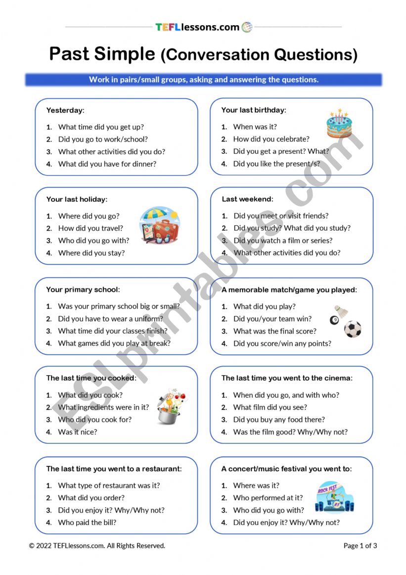 Past Simple Conversation Questions ESL Worksheet By TEFL Lessons