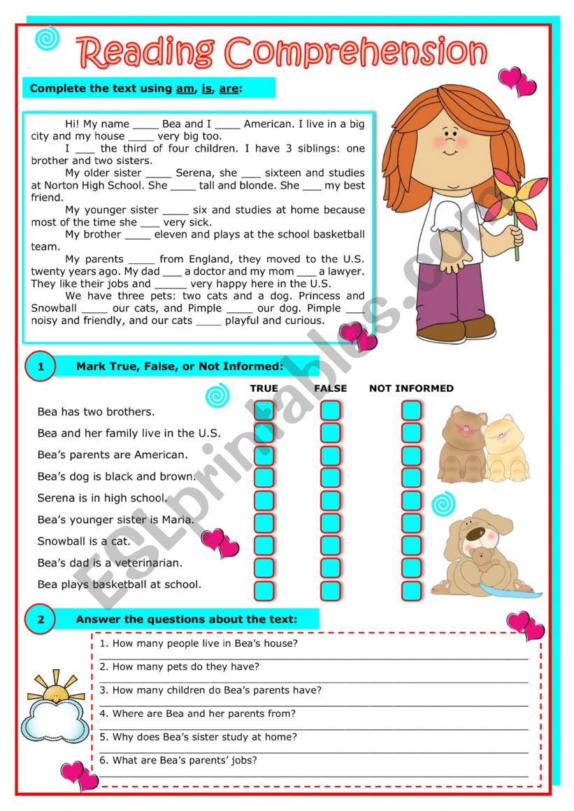 Iï¿½m Bea - reading comprehension + is, am, are - ESL worksheet by zailda