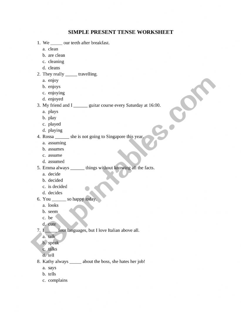 Simple Present Tense Worksheet Esl Worksheet By Cafeulate