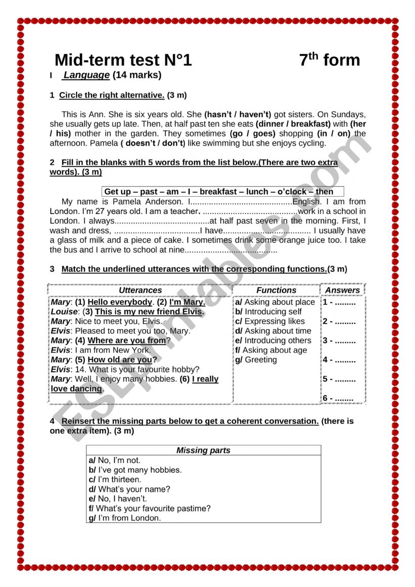 MID-TERM TEST N°1 7th FORM - ESL worksheet by Sammy.tn