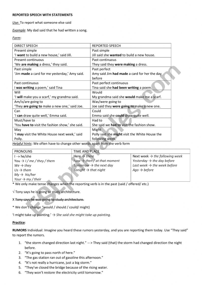 Reported Speech with Statements - ESL worksheet by quocthaitran