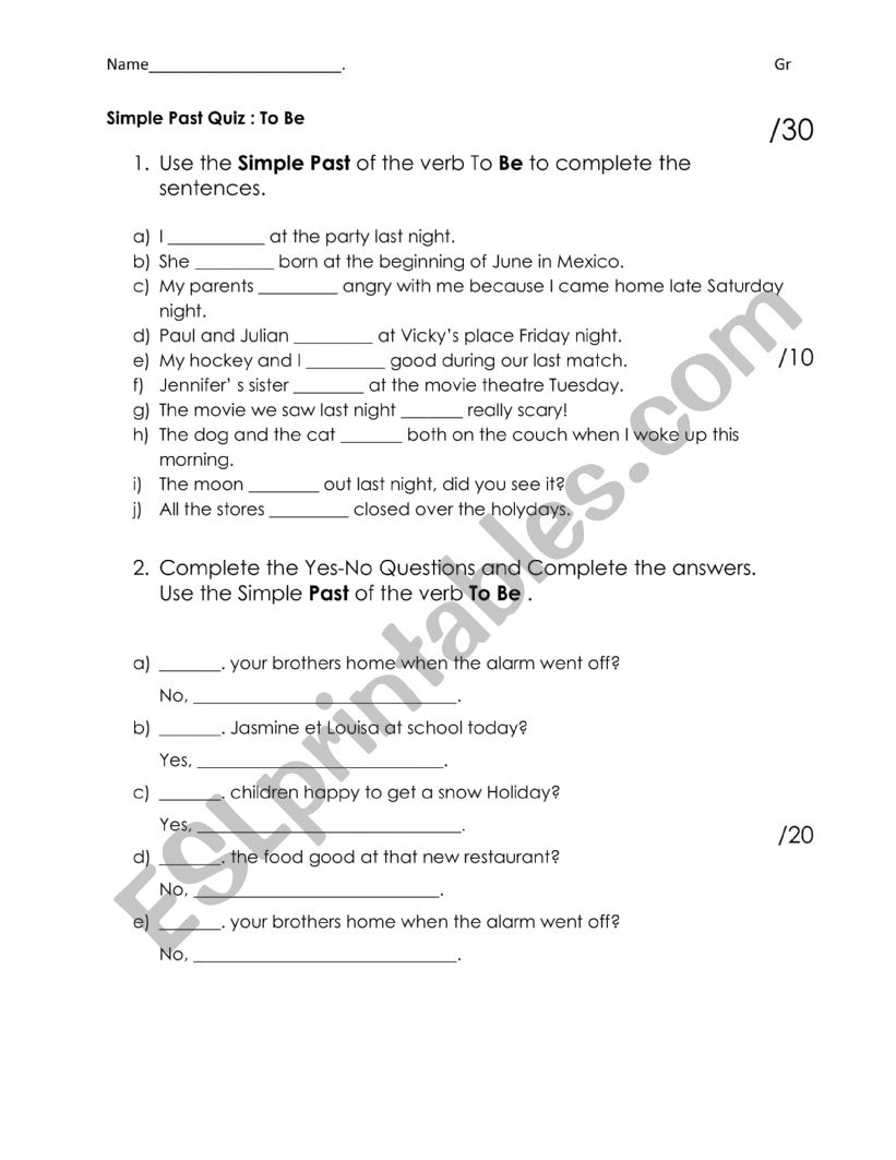 Simple Past Quiz with To Be 1 - ESL worksheet by yuukaze3