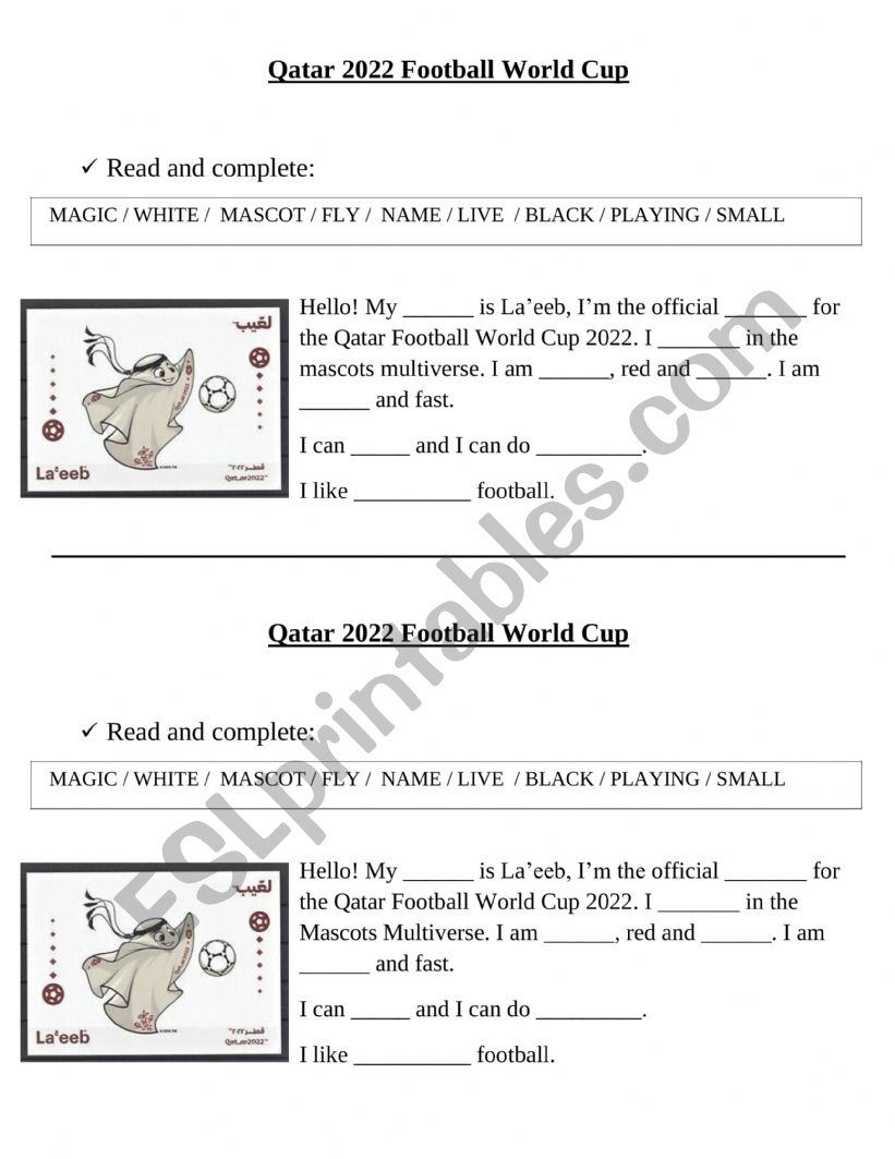 Qatar 2022 FIFA World Cup Mascot Laï¿½eeb - ESL worksheet by ckens