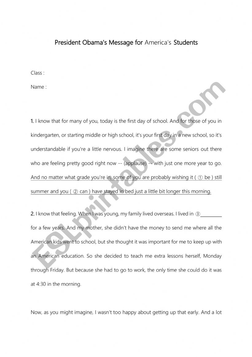 President Obamaï¿½s Message for Americaï¿½s Students - ESL worksheet by ...