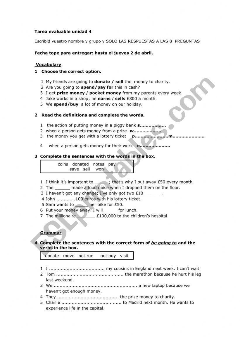 MONEY - BE GOING TO - TEST 2º ESO - ESL worksheet by aurygj