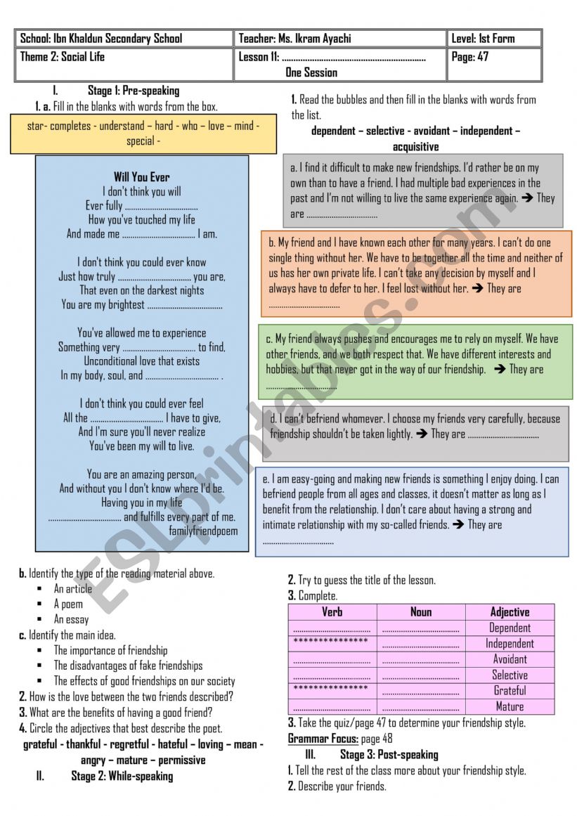 1st Form - Lesson n° 11 - What´s Your Friendship Style? - ESL worksheet ...