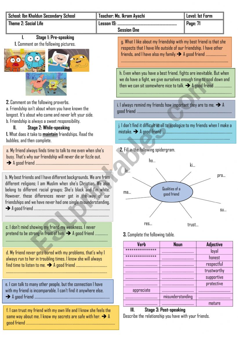 1st Form - Lesson n° 19 - A Friend I Could Never Forget - ESL worksheet ...