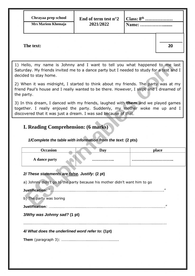 8th form End of term test n°2 - ESL worksheet by MarGkg