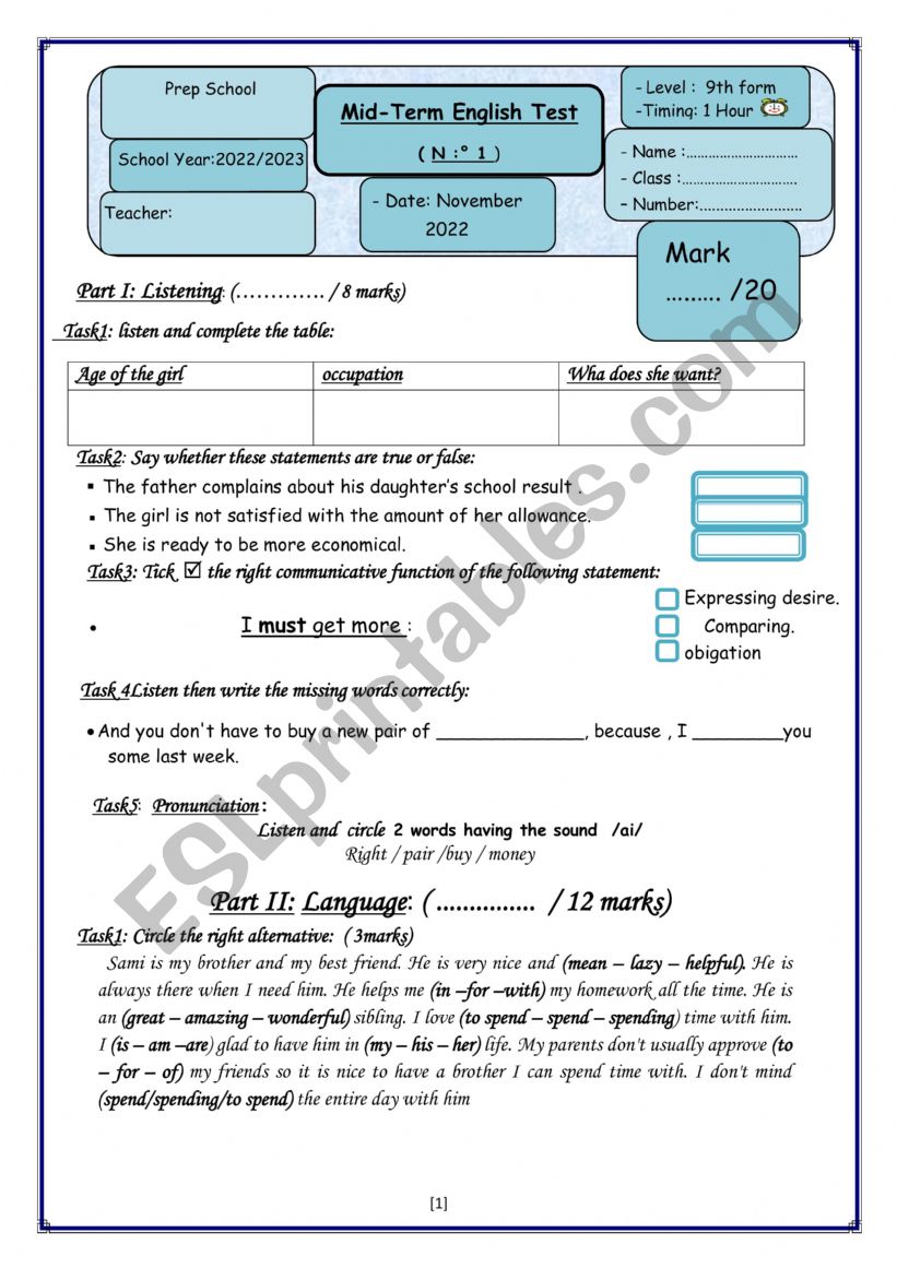 9 TH Form Mid Term Test n°1 - ESL worksheet by insaf hamed