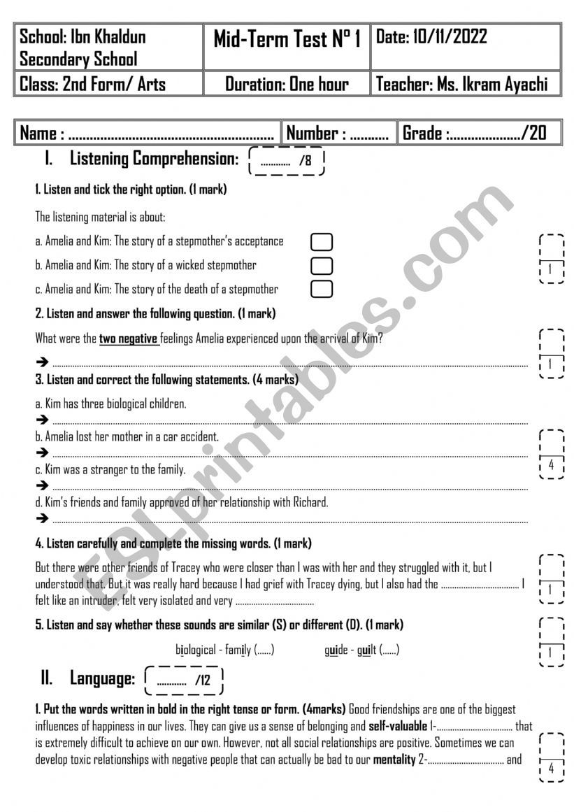 2nd Form - Arts - Mid-Term Test n° 1 - ESL worksheet by English Teacher 24