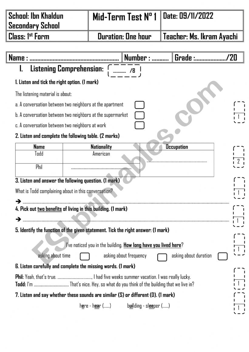 1st Form - Mid-Term Test 1 - ESL worksheet by English Teacher 24