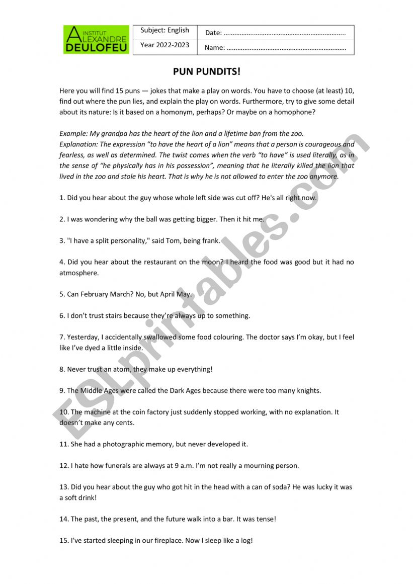 English worksheets: Pun pundits!