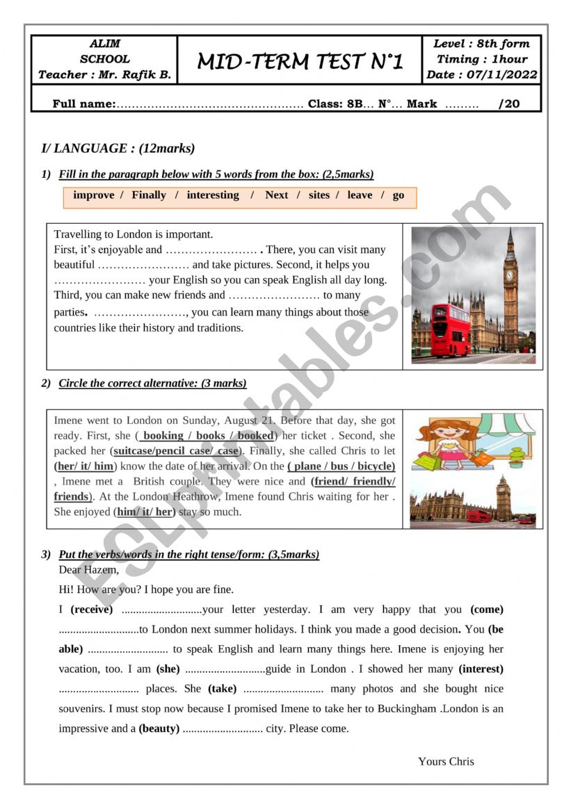 Mid-term test n°1 8th form - ESL worksheet by elbarhoumi