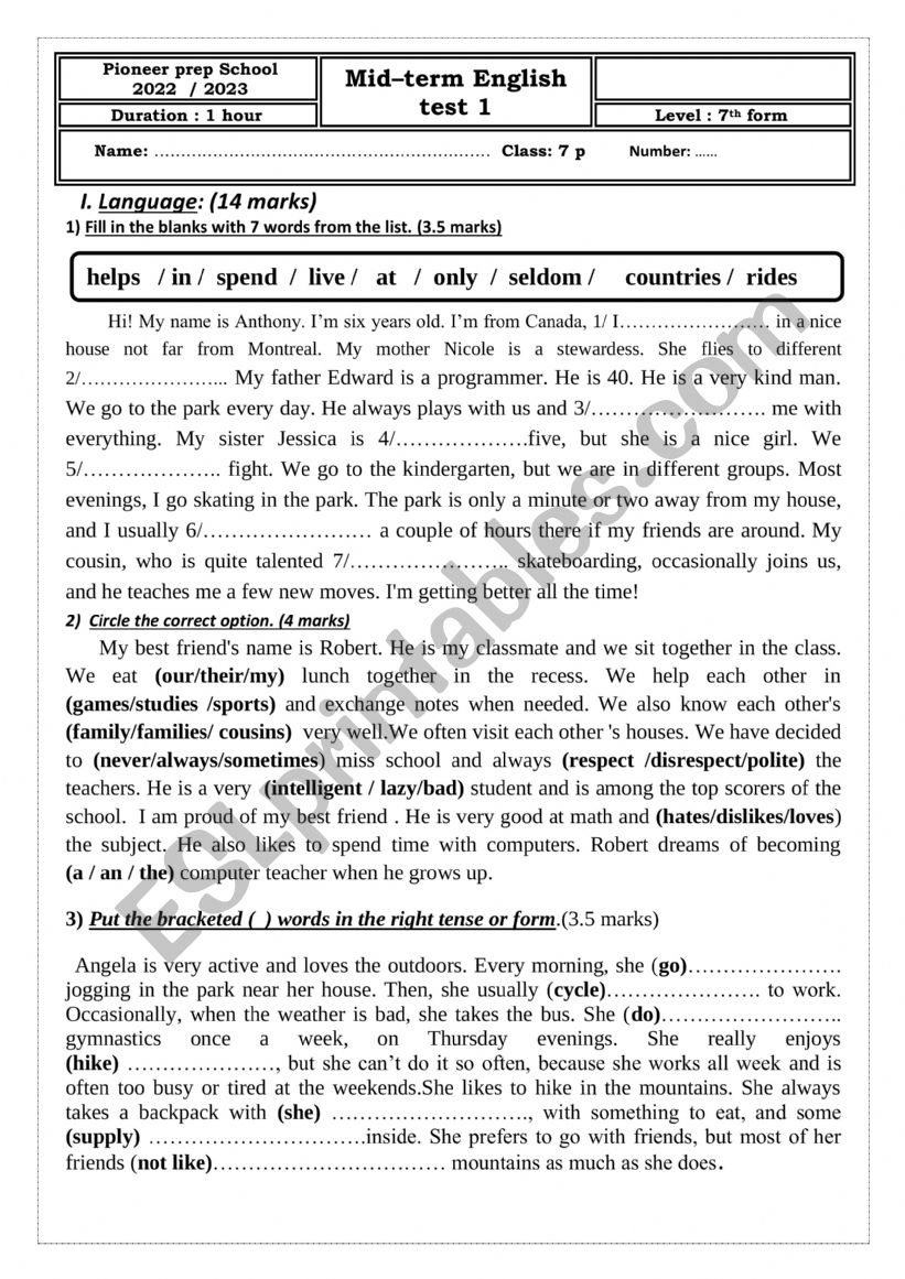 Mid- term test n°1 pioneer school - ESL worksheet by rourous