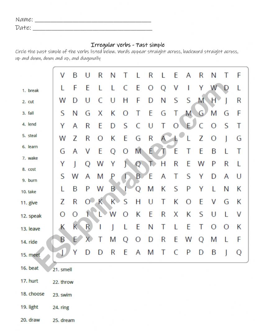 Irregular verbs Past simple Wordsearch - ESL worksheet by erika.mmontano Irregular verbs Past simple Wordsearch - ESL worksheet by erika.mmontano