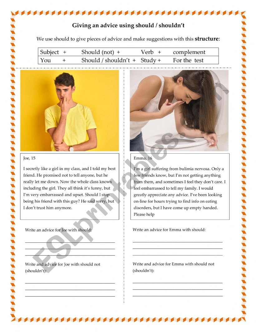 giving advice Using Should or shouldnÃ¯Â¿Â½t - ESL worksheet by NICOLE913