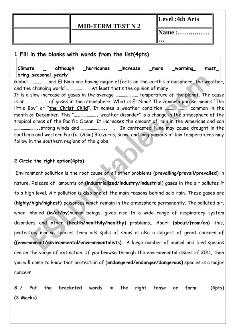 Mid Term Test N°2 4th form - ESL worksheet by Moniachahd