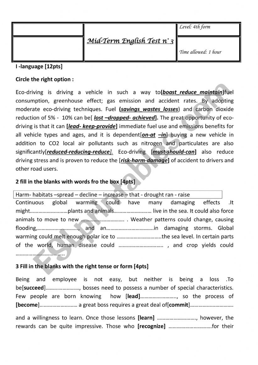 MID TERM TEST N°3 - ESL worksheet by Moniachahd