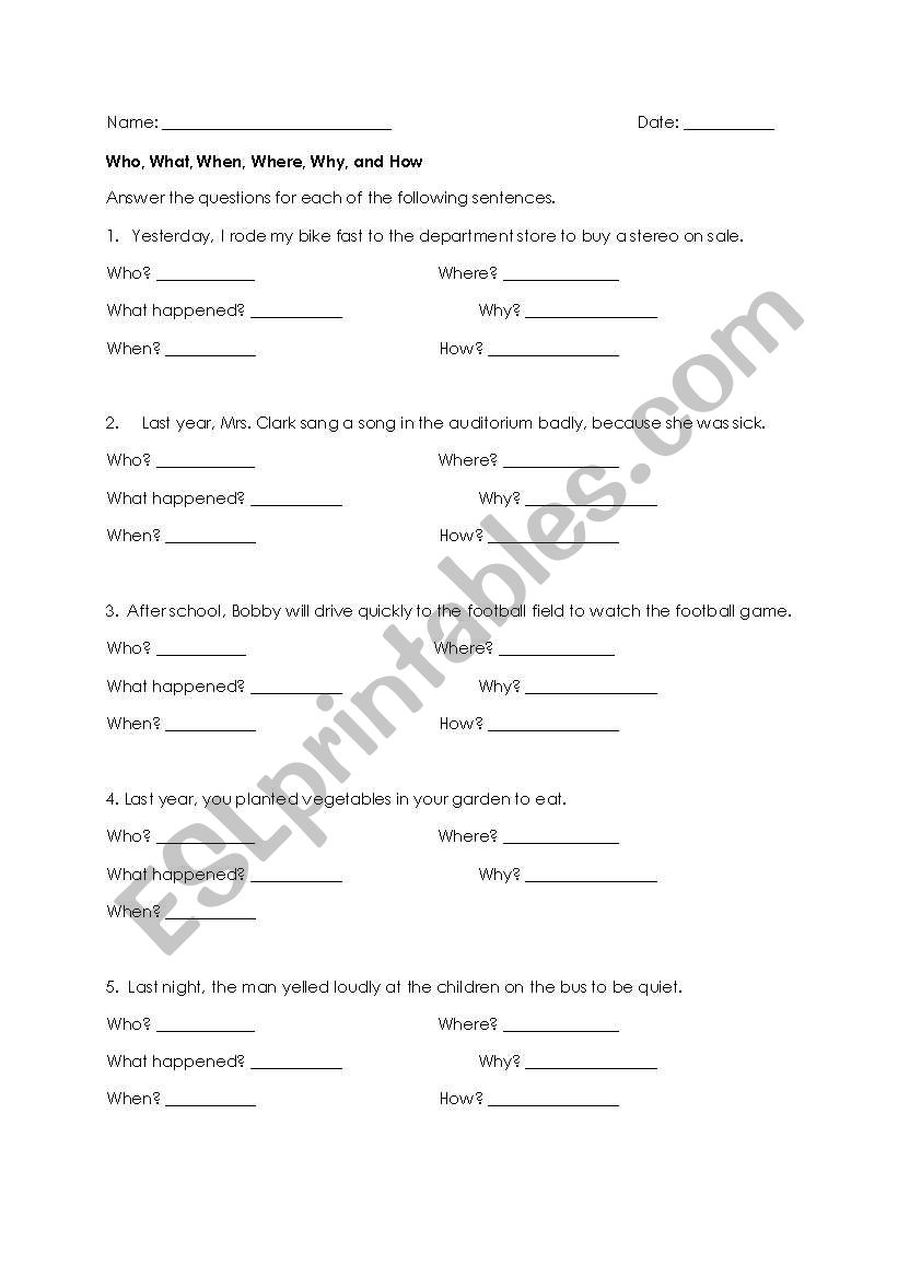 Five W´s & How (Who, What, When, Where, Why, and How) - ESL worksheet ...