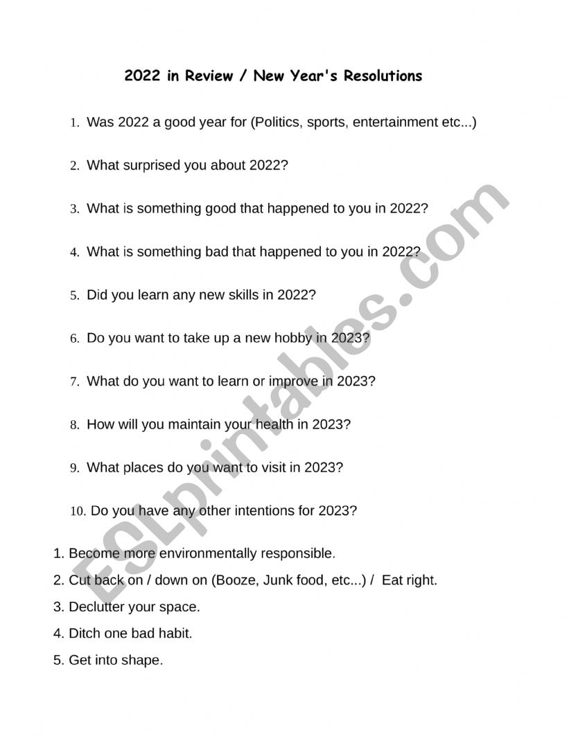 Year in Review (2022) & New Yearï¿½s Resolutions (2023) - ESL worksheet ...