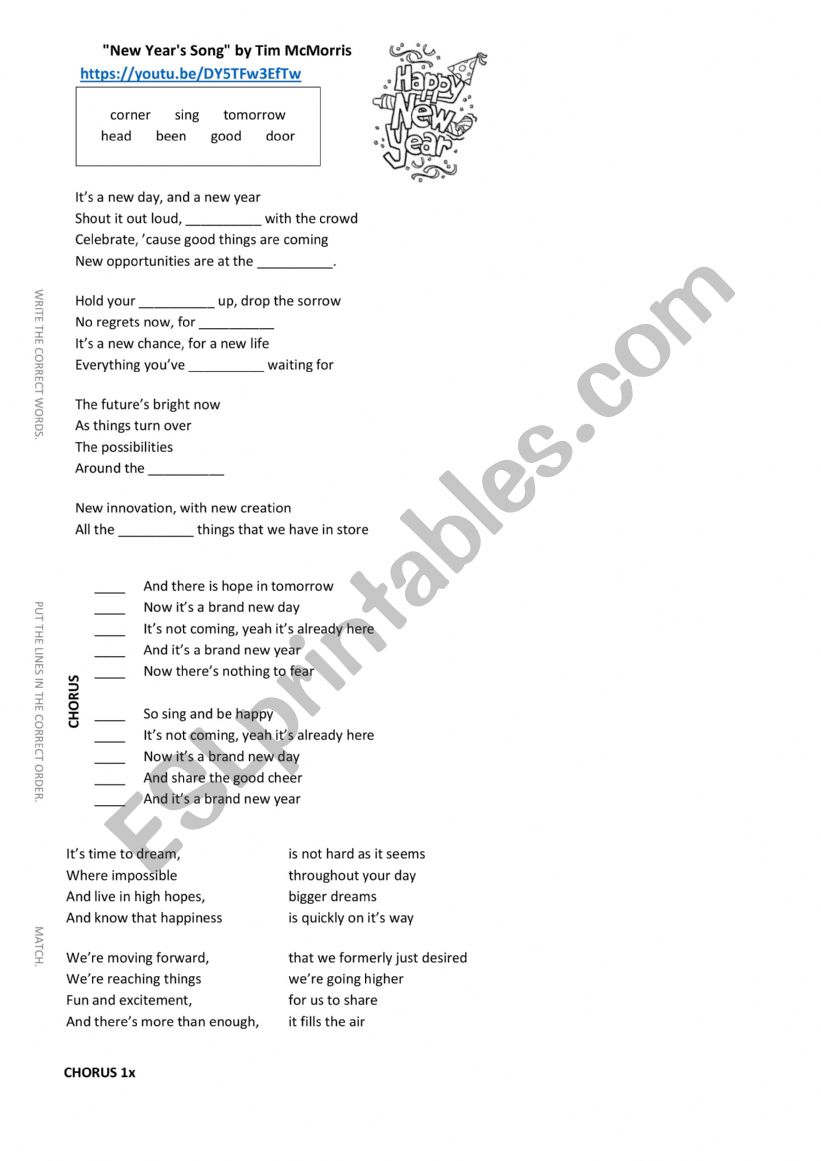 New Year´s song by Tim McMorris lyrics worksheet with key - ESL ...