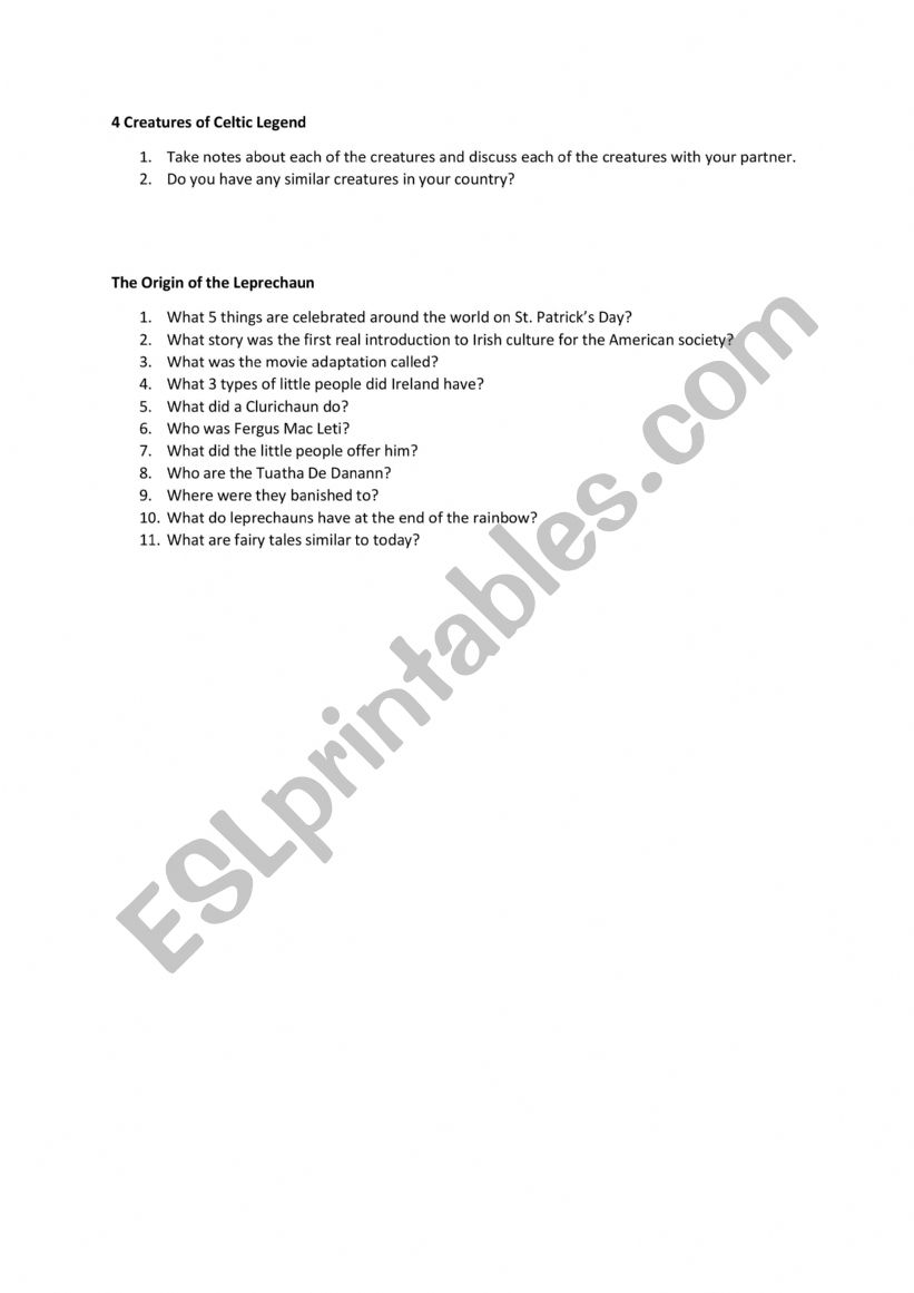 English worksheets: Irish Mythology and Leprechauns