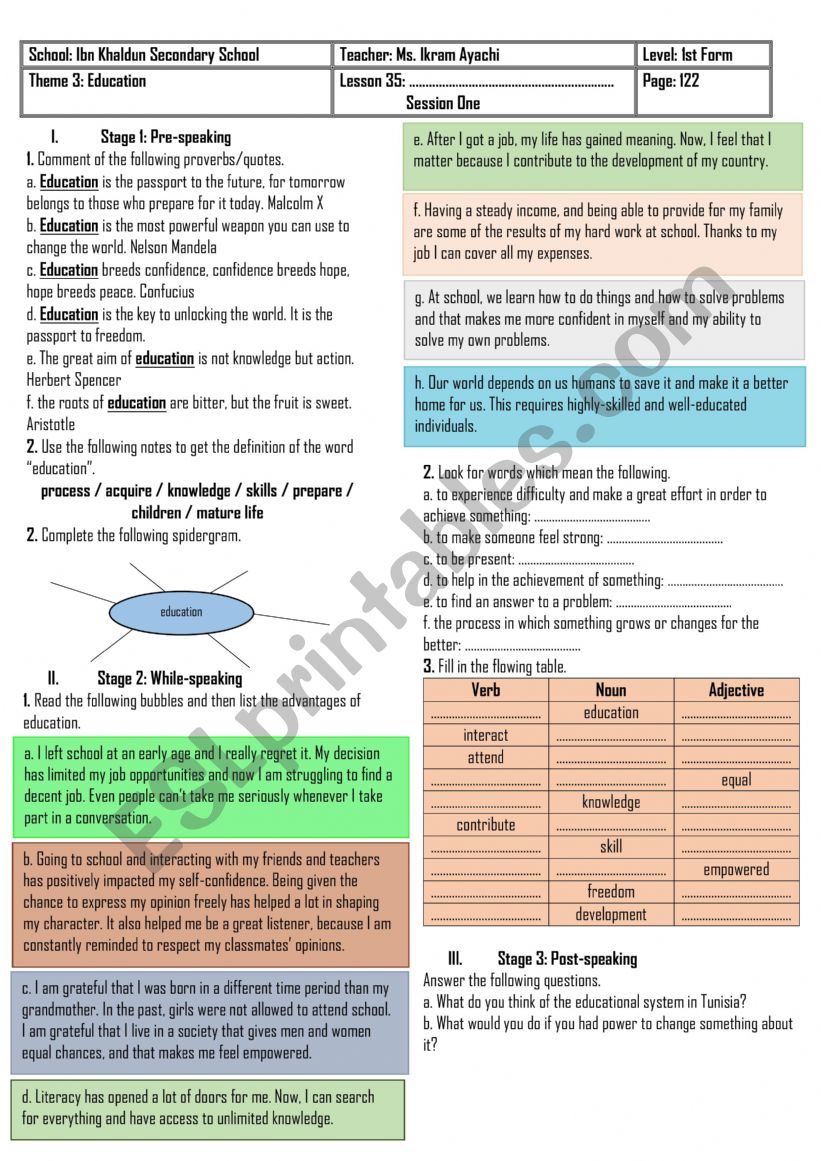 1st Form - Lesson n° 35 - Education Matters - ESL worksheet by English ...