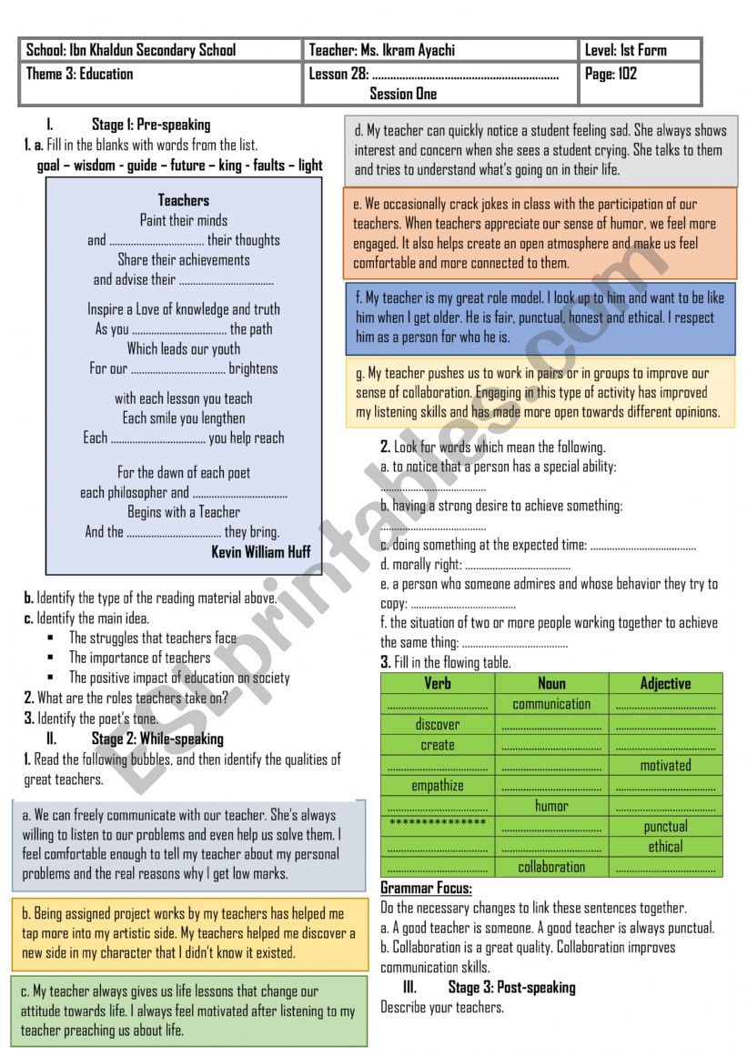 1st Form - Lesson 28 - About Teachers - ESL worksheet by English Teacher 24