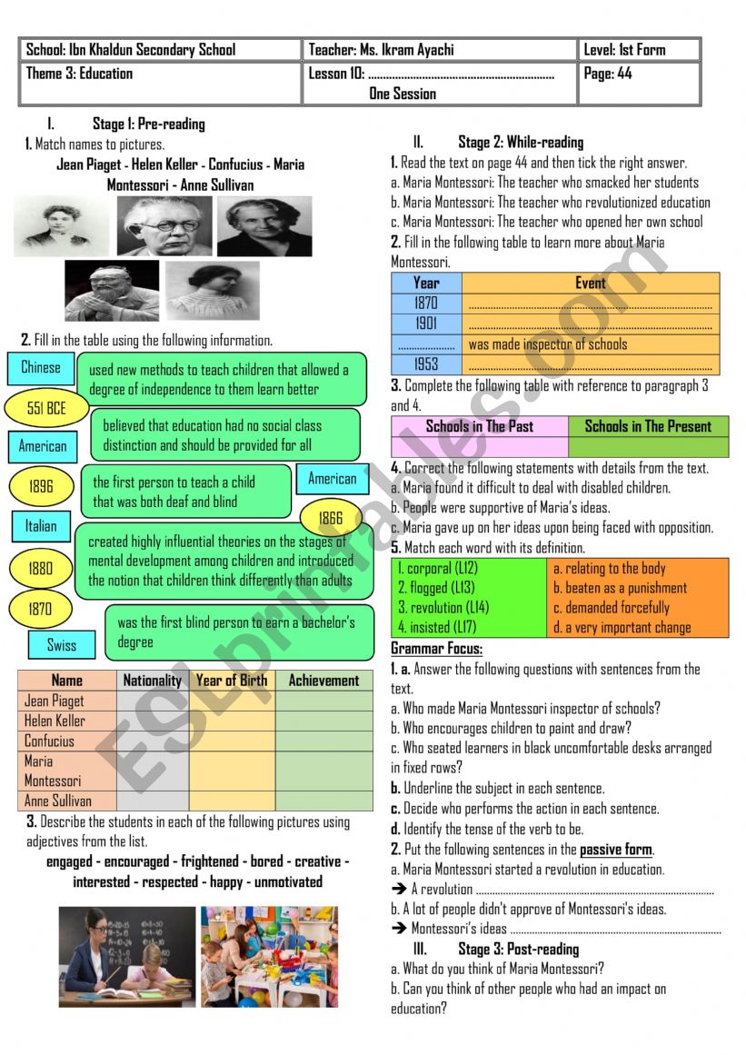 1st Form - Lesson 10 - Maria Montessori - ESL worksheet by English ...