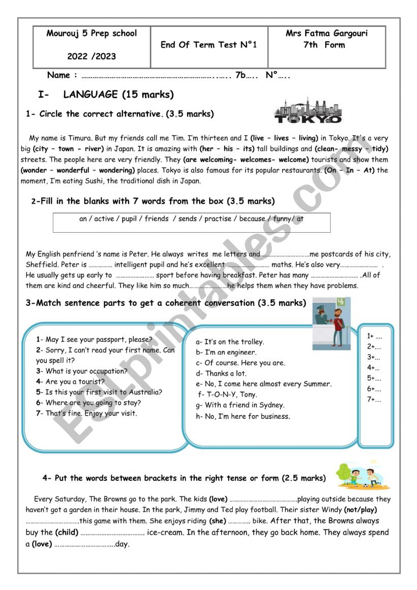 7th form End of term test NÂ°1 - ESL worksheet by Fatma Gargouri