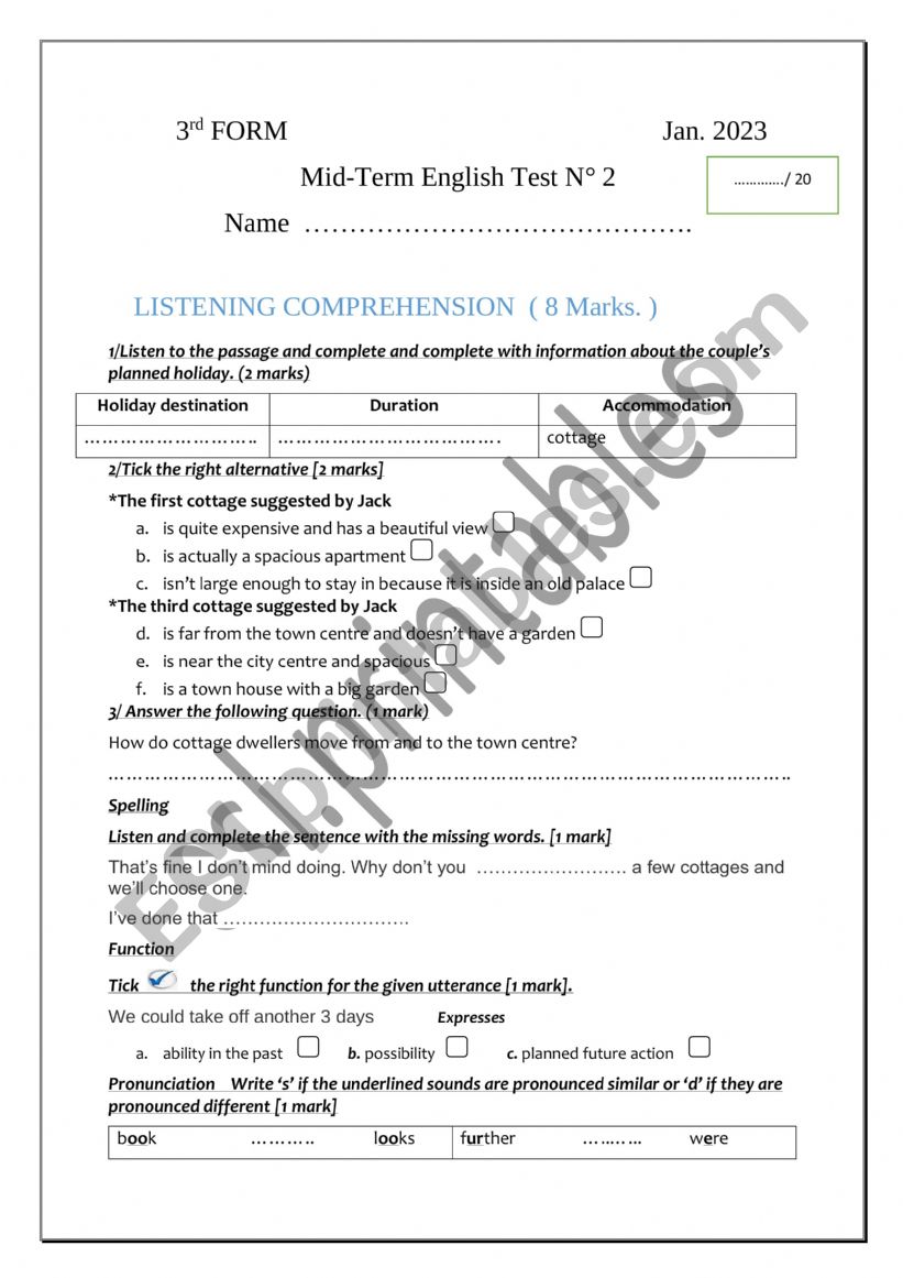 mid-term test N°2 - ESL worksheet by ftayma
