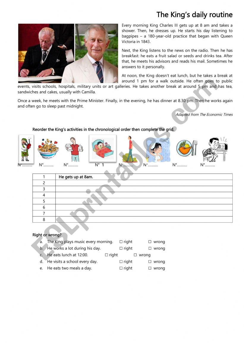 King Charles´s daily routine - ESL worksheet by foiedecanard