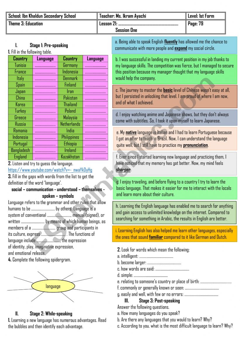 1st Form - Lesson n° 21 - Learning Languages - ESL worksheet by English ...