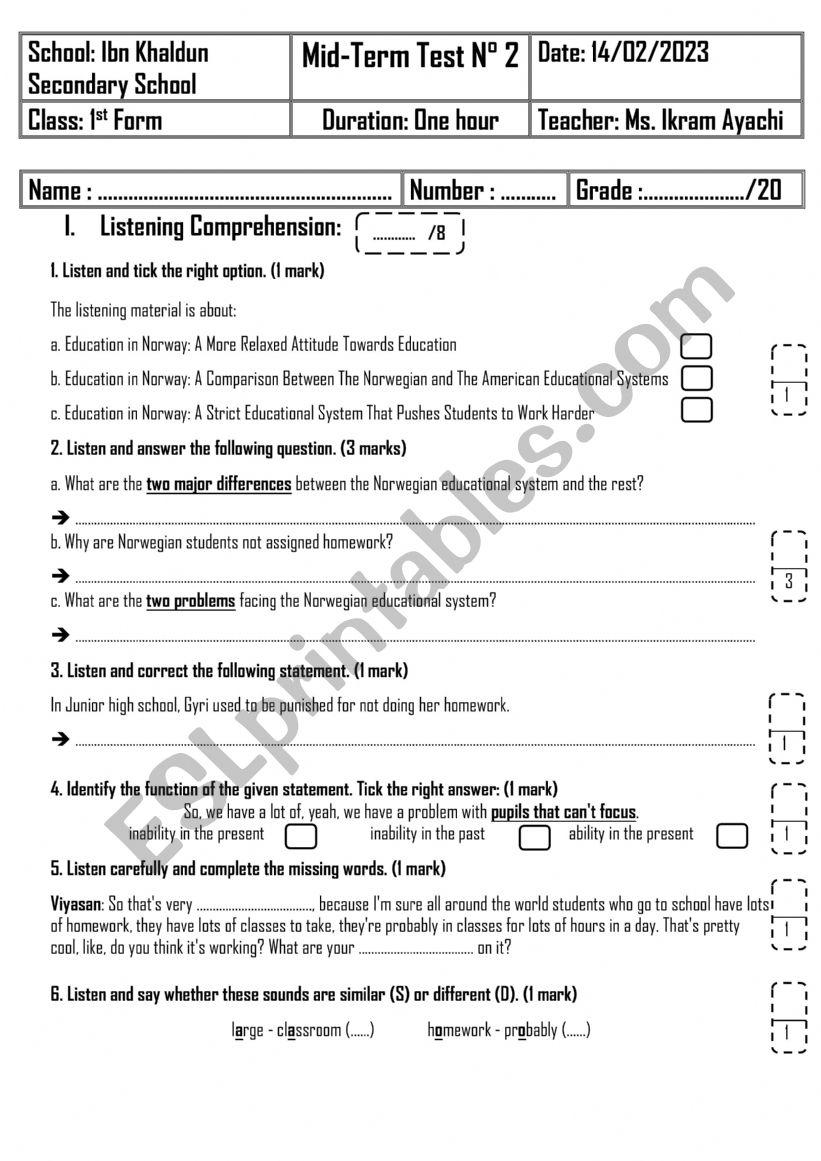 1st Form - Mid-Term Test n° 2 - ESL worksheet by English Teacher 24