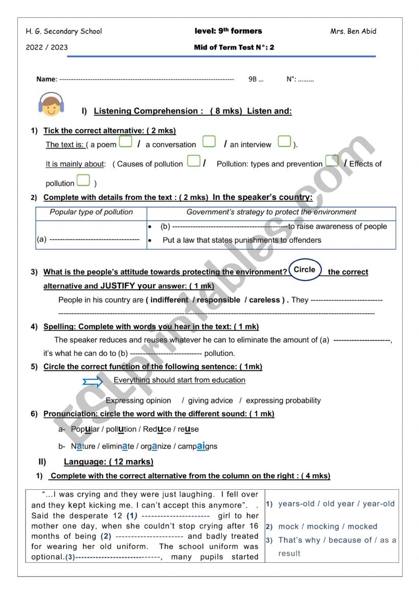 Mid of Term Test N° 2 9th Formers - ESL worksheet by abid fedwa