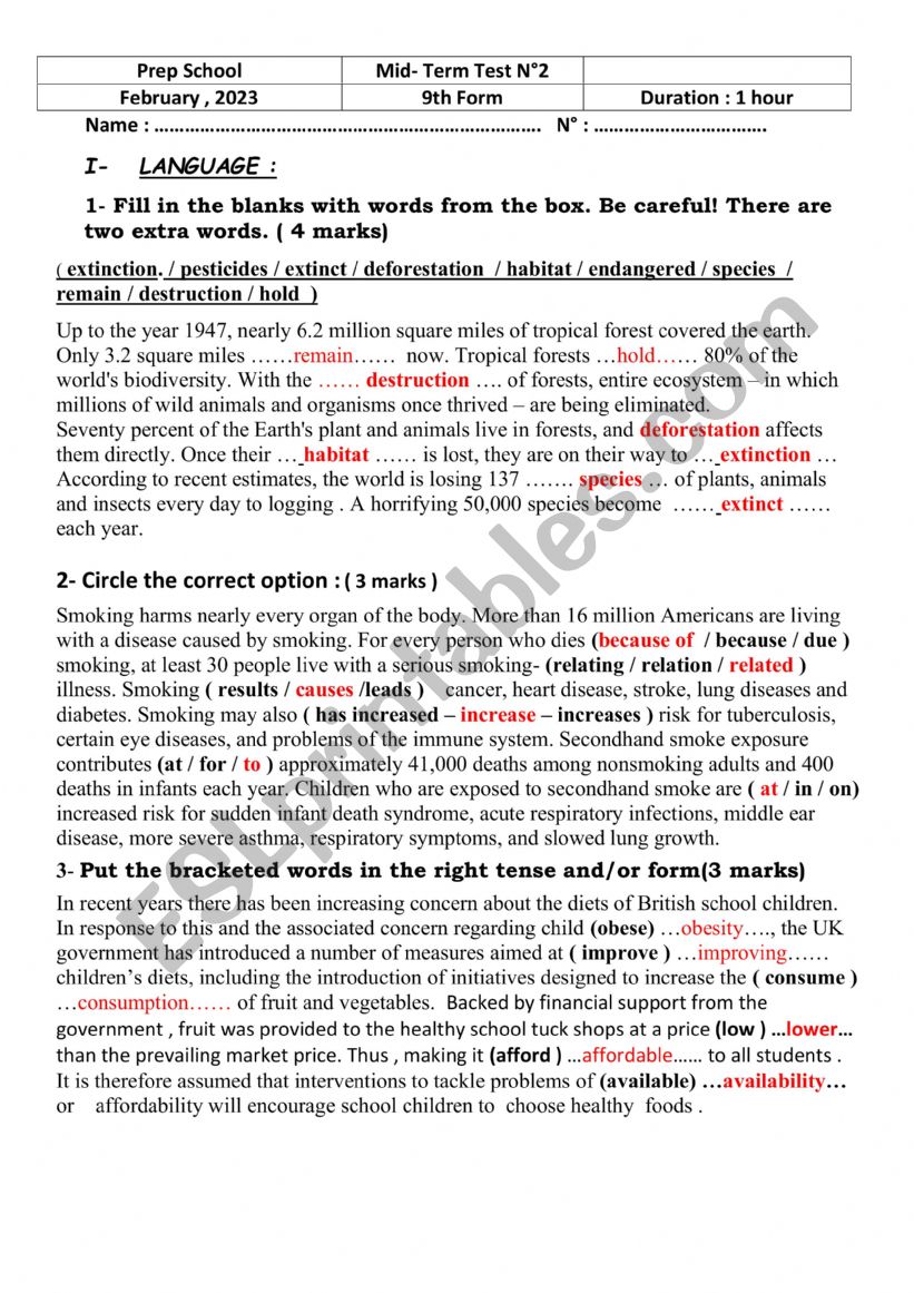 Mid-term Test N°2 9th Form Language part+correction - ESL worksheet by ...