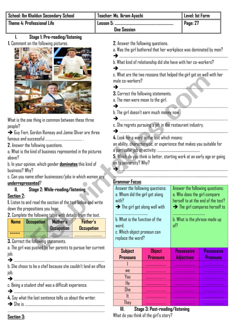 1st Form - Lesson n° 5 - It´s All in The Preparation - ESL worksheet by ...