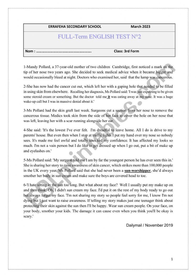FULL-TERM TEST N°2 - ESL worksheet by ftayma
