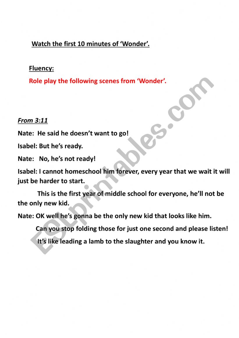 Film ï¿½ Wonder ï¿½ fluency, role play - ESL worksheet by shiroyaa1