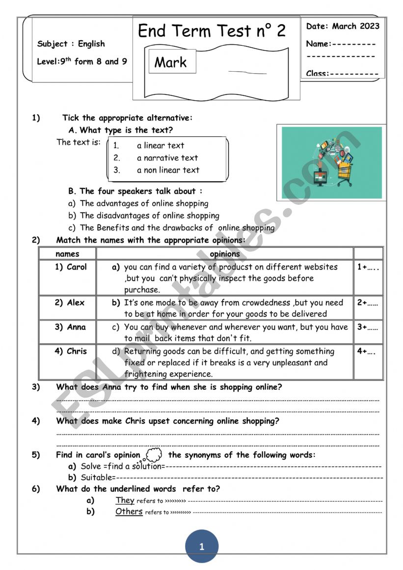 end term test n° 2 - ESL worksheet by insaf hamed