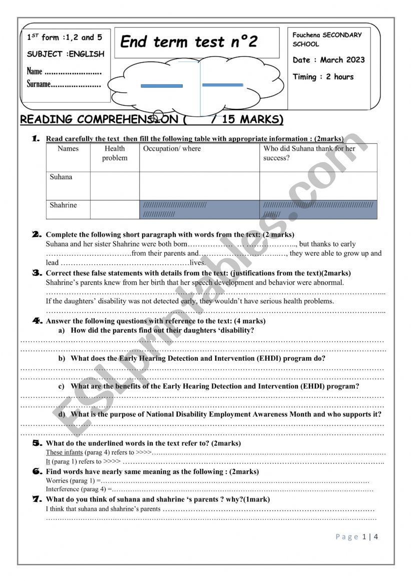 END TERM TEST N° 2 FIRST FORM - ESL worksheet by insaf hamed