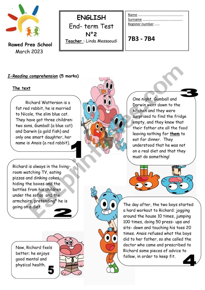 7th form end- term test n°2 - ESL worksheet by paradise lost