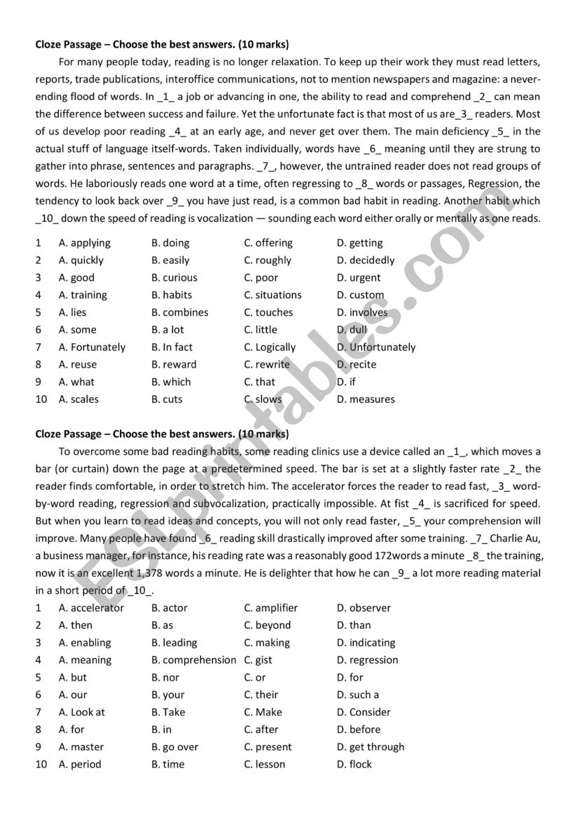 Cloze Passage Practice - ESL worksheet by bndfamily Cloze Passage Practice - ESL worksheet by bndfamily