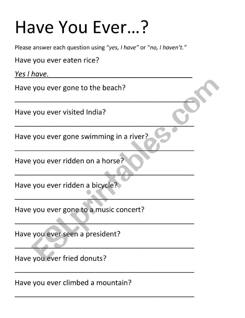 Have You Ever - ESL worksheet by ElisaHopeLearning Have You Ever - ESL worksheet by ElisaHopeLearning