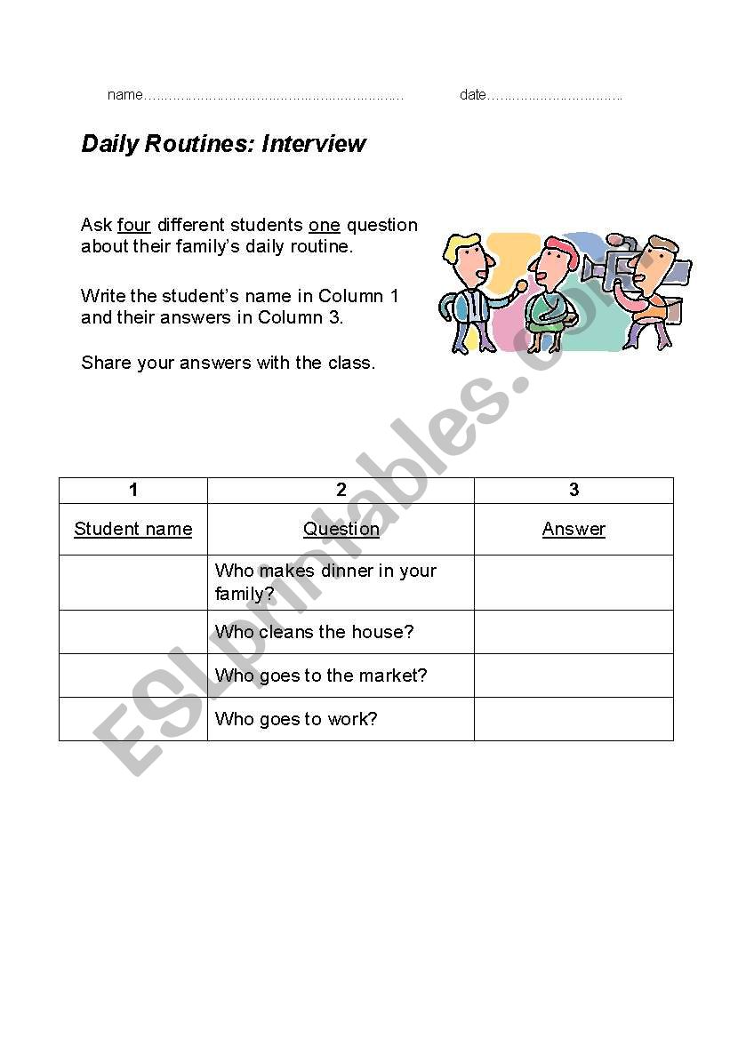 English Worksheets Daily Routines Interview