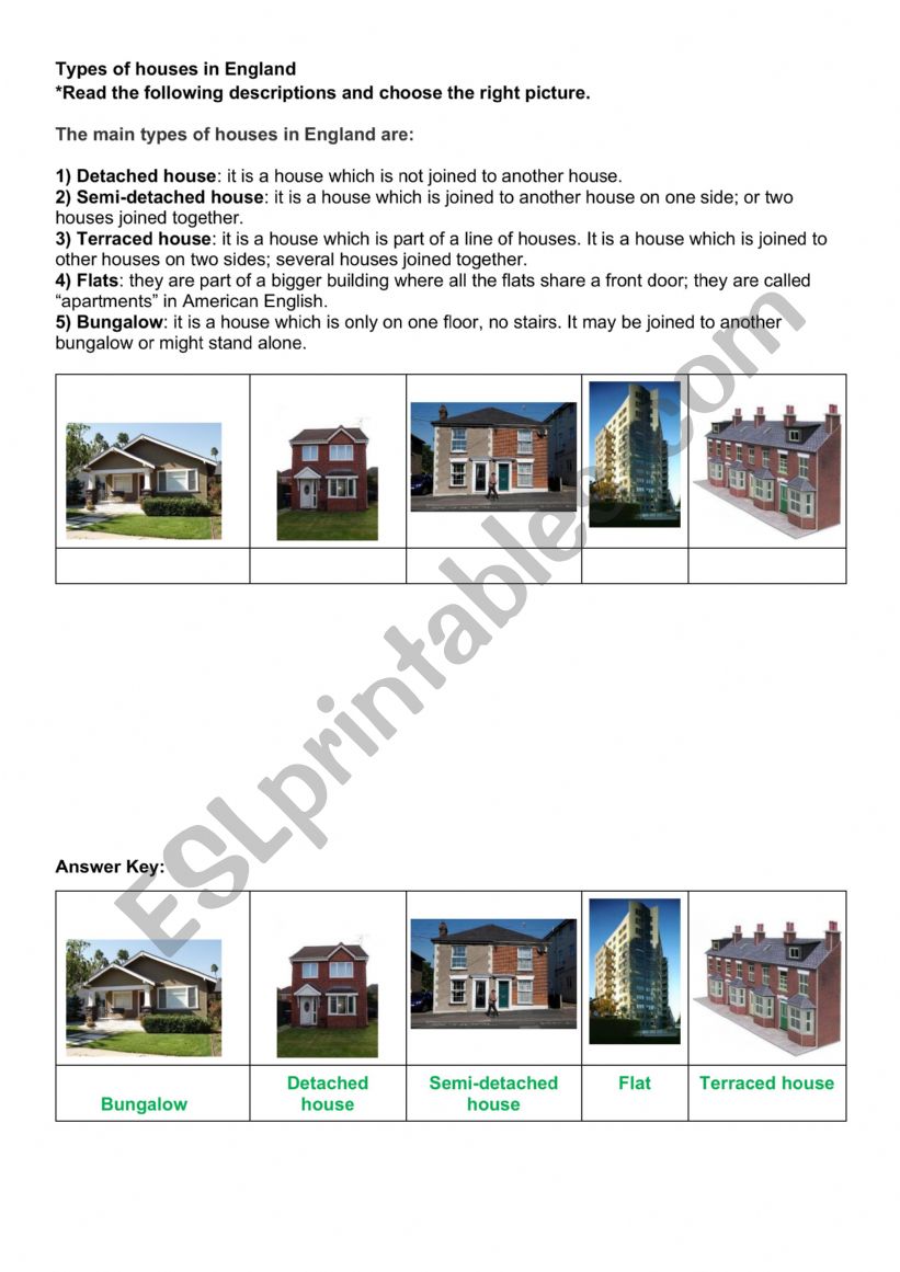Types of houses in England - ESL worksheet by EJGA