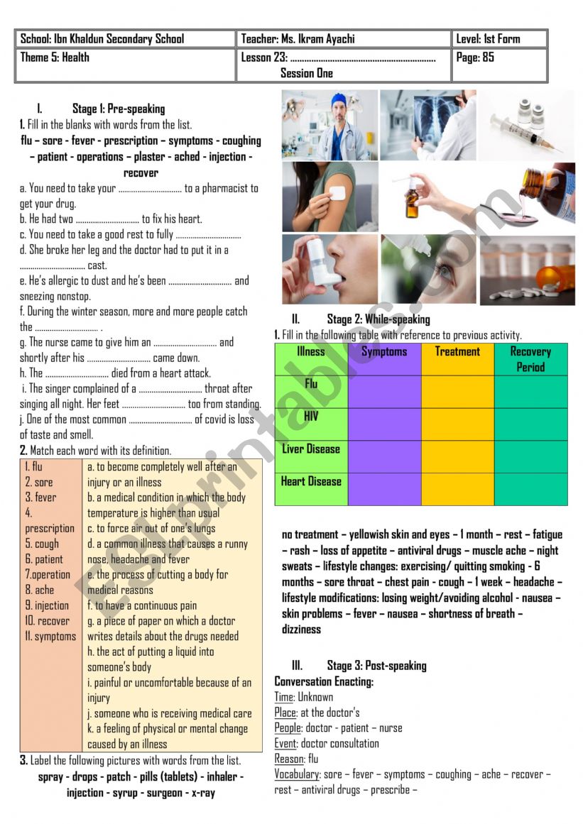 1st Form - Lesson n° 23 - Health Matters - ESL worksheet by English ...